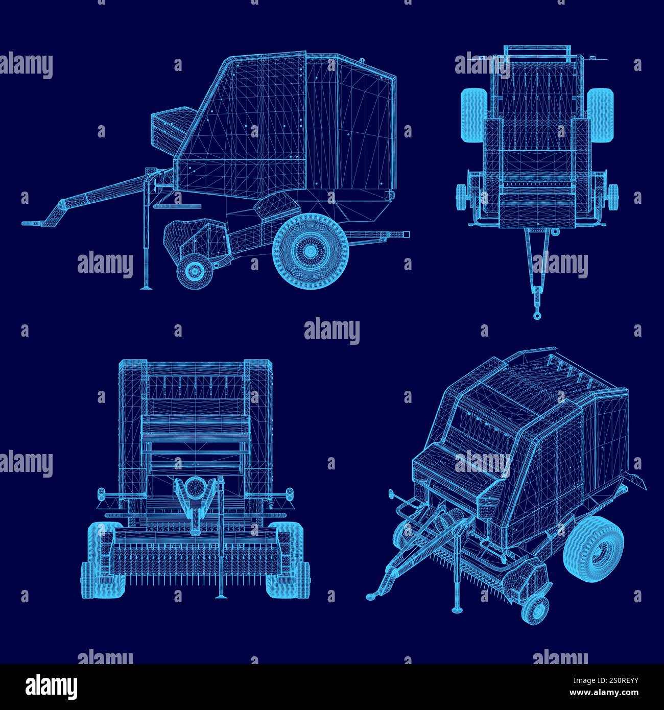 The image is a blue drawing of a tractor. The tractor is shown from ...