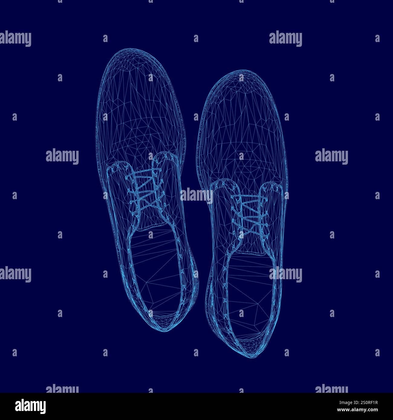 Pair of shoes are shown in a blue color. The shoes are shown in a 3D ...