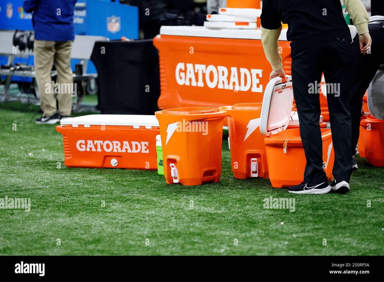 Gatorade coolers are seen on the bench after an NFL football game ...