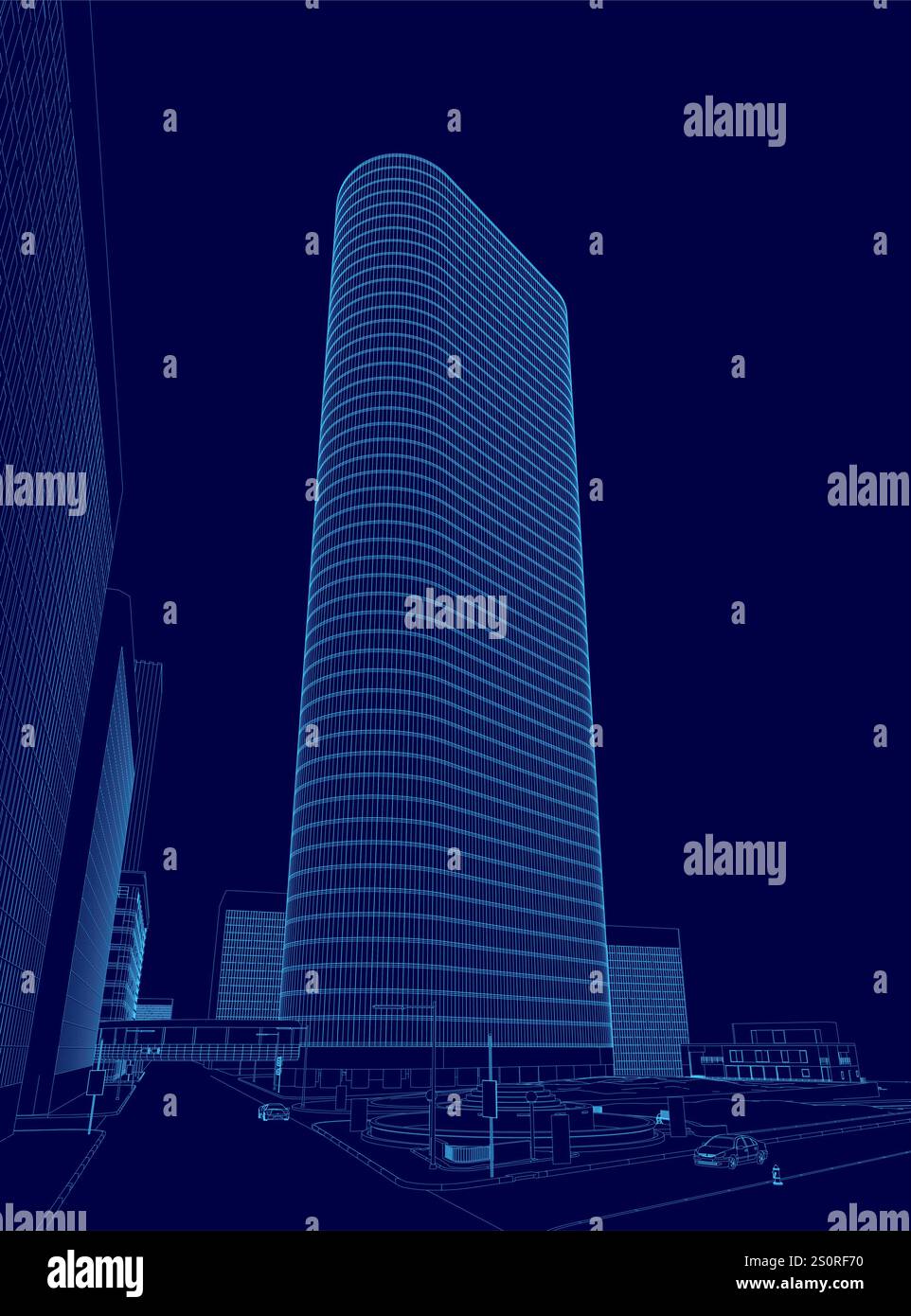 Tall building with a blue sky background. The building is lit up with ...