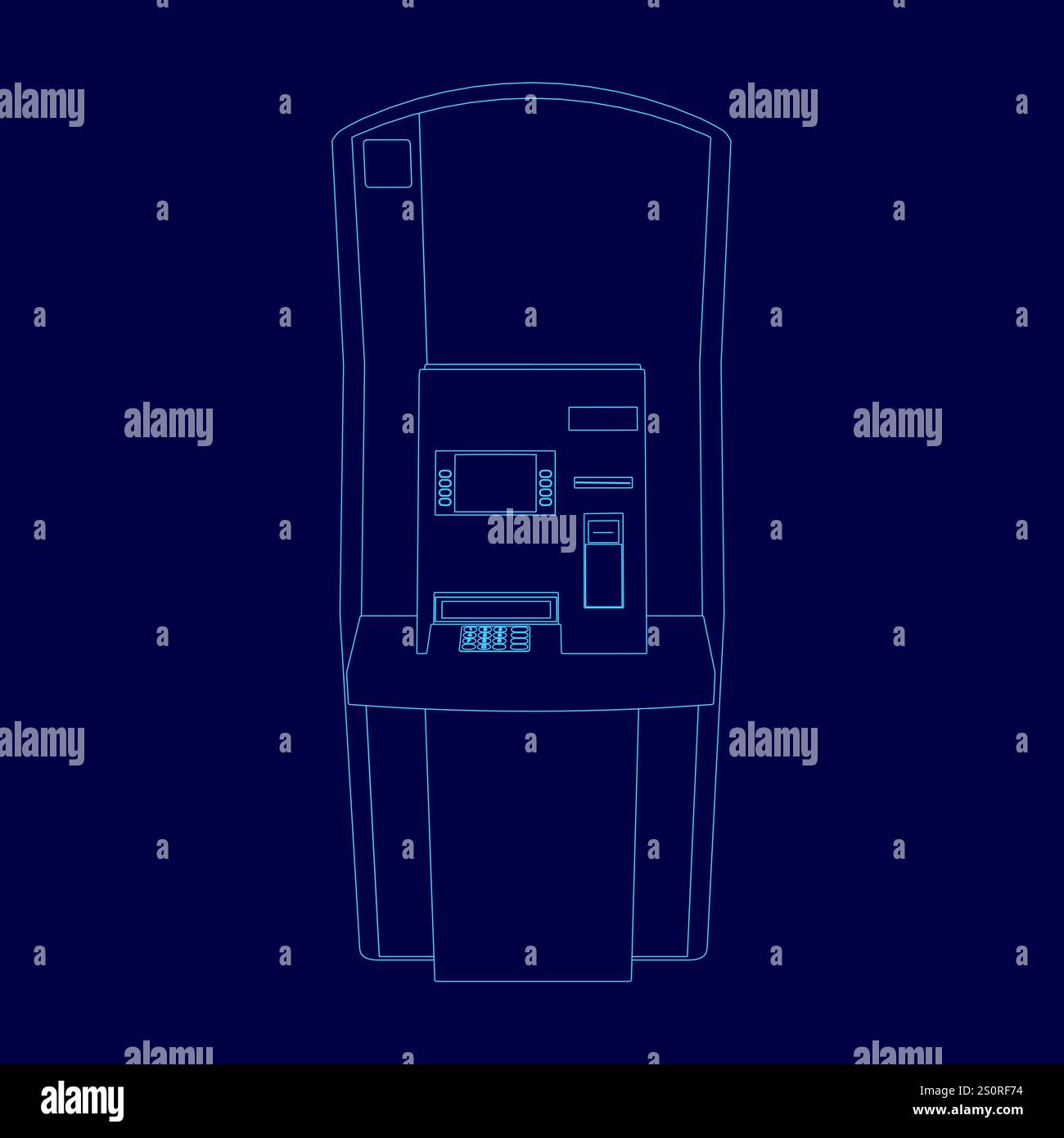 Blue drawing of a bank machine. The machine is made of a blue outline ...