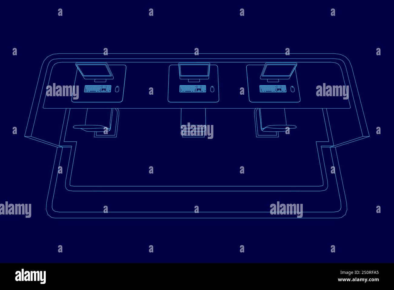 Blue drawing of a desk with three computer monitors and three chairs ...