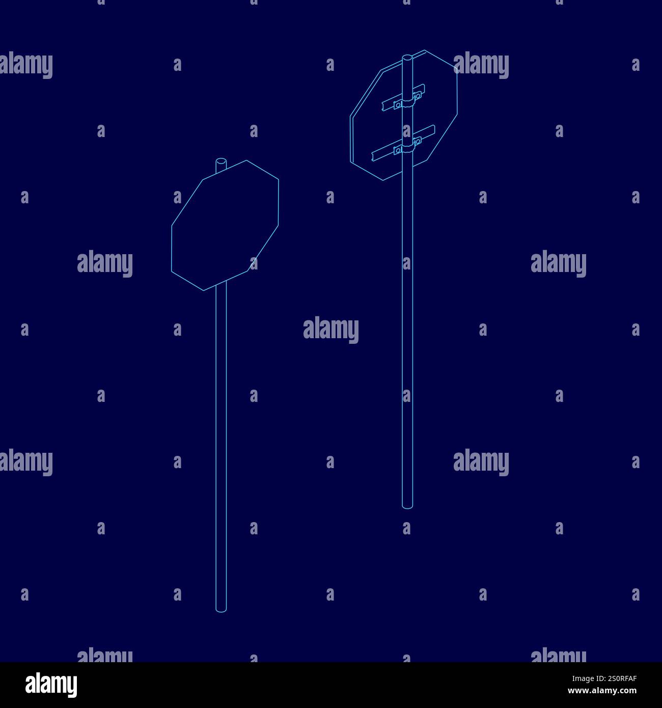 Two identical octagonal signs are hanging from a blue string. The signs ...