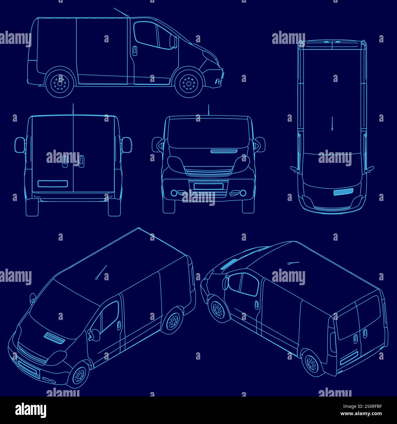 Blue van is shown in a series of drawings. The van is a small, compact ...
