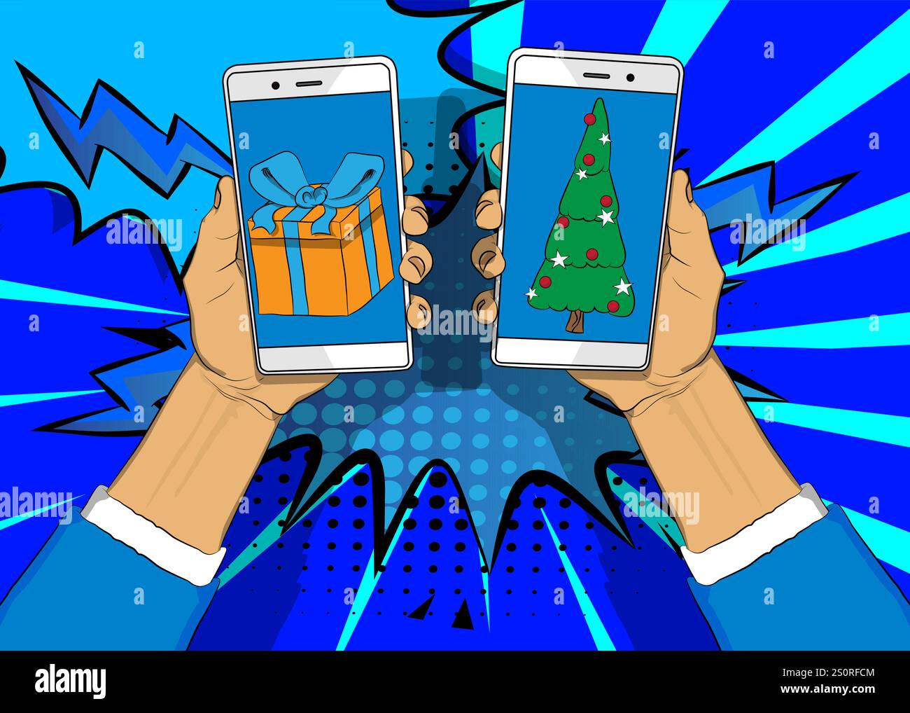 Cartoon Smartphone, comic book Telephone with Gift Box and Christmas ...