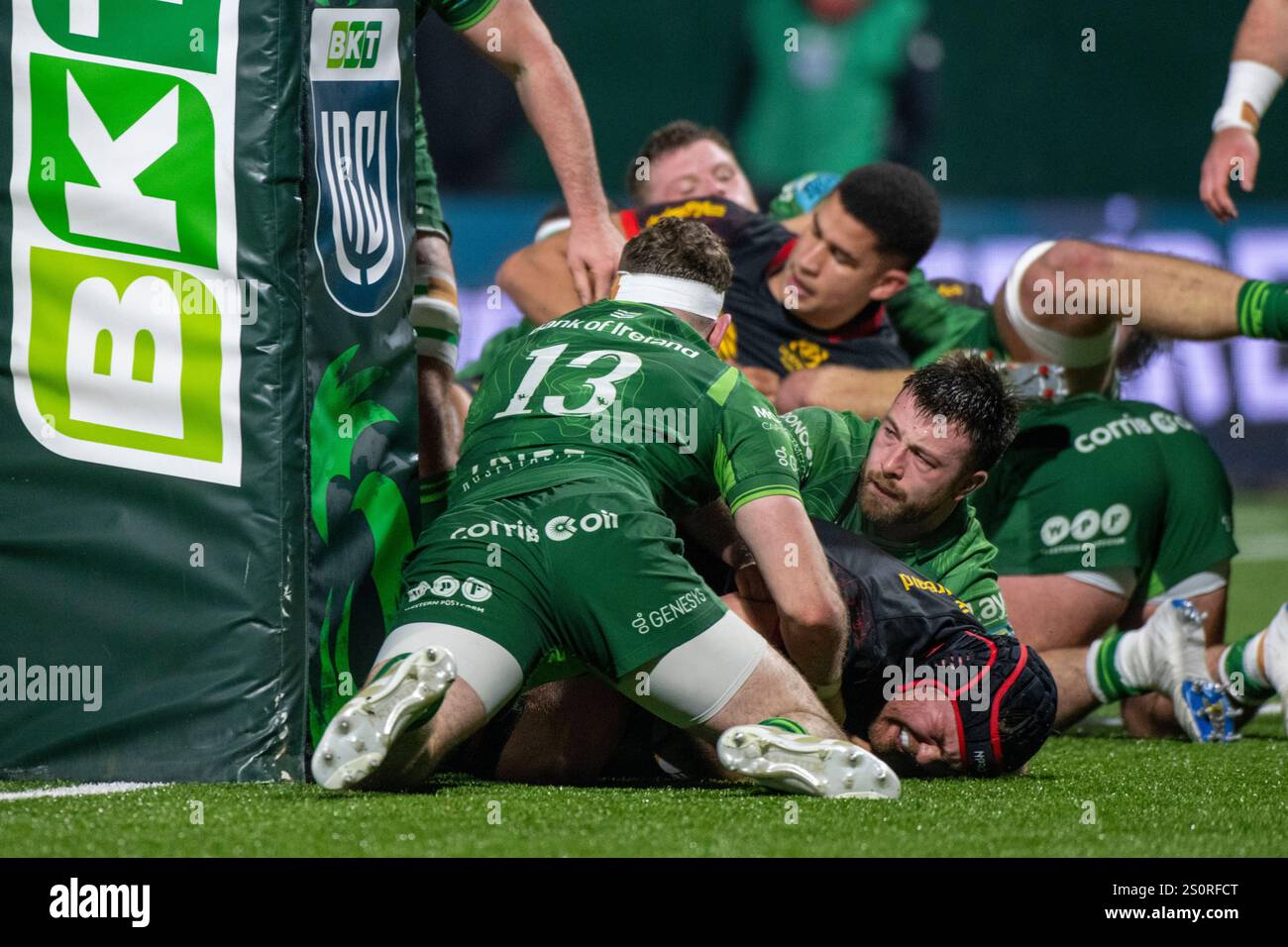 Galway, Ireland. 29th Dec, 2024. Eric O'Sullivan of Ulster scores a try ...