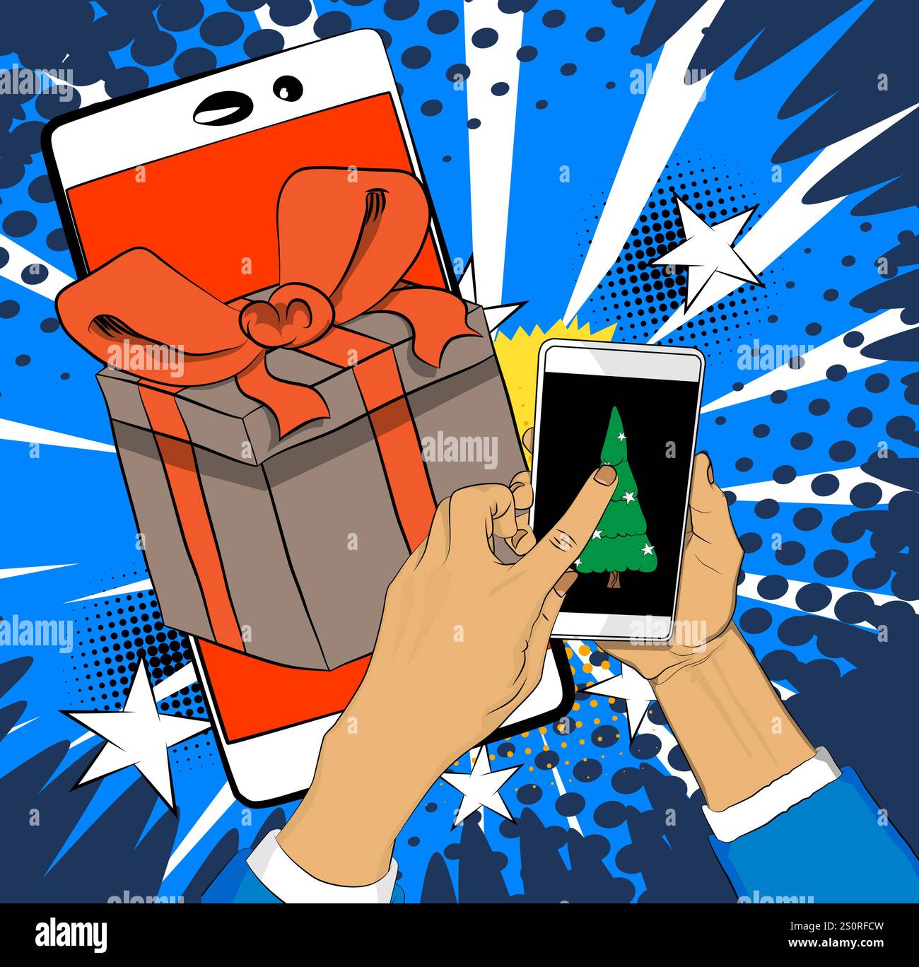 Cartoon Smartphone, comic book Telephone with Gift Box and Christmas ...