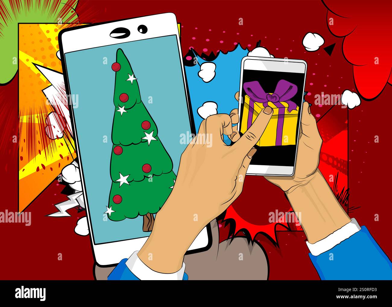 Cartoon Smartphone, comic book Telephone with Gift Box and Christmas ...