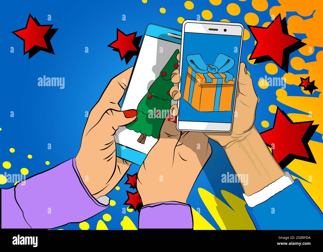 Cartoon Smartphone, comic book Telephone with Gift Box and Christmas ...
