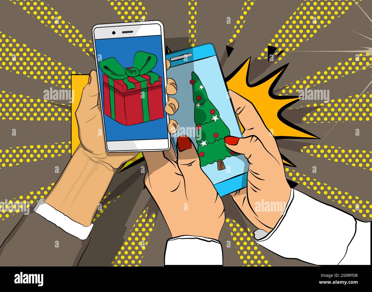 Cartoon Smartphone, comic book Telephone with Gift Box and Christmas ...