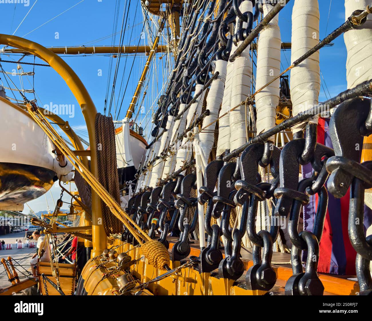 A lifeboat is securely tied to the mast of a sailing vessel Stock Photo ...