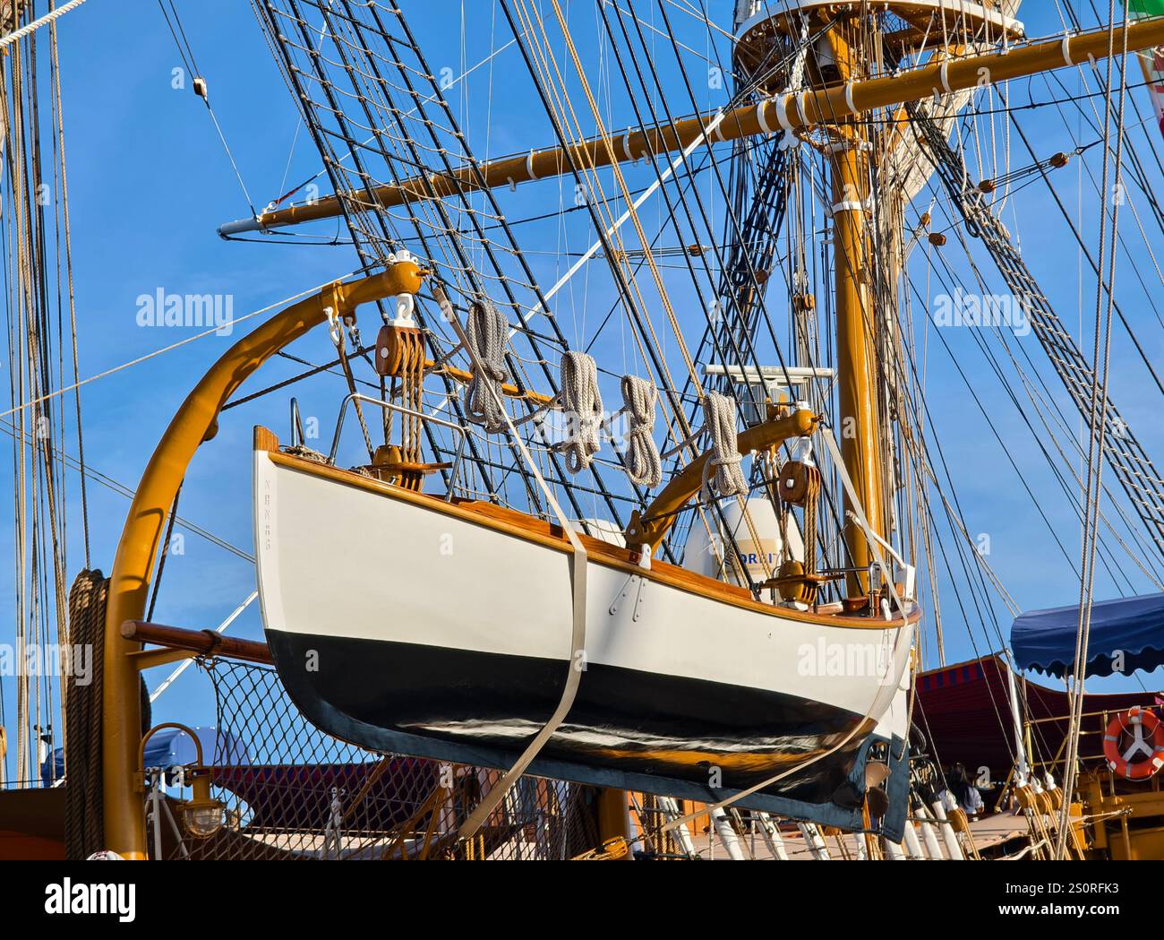 A lifeboat is securely tied to the mast of a sailing vessel Stock Photo ...