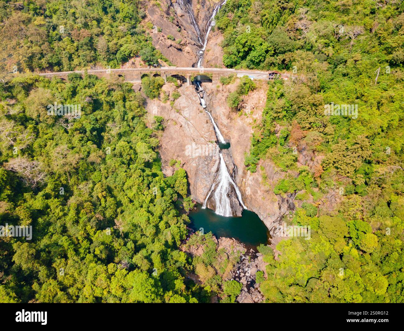 Dudhsagar Falls aerial panoramic view. Dudhsagar waterfall is a ...