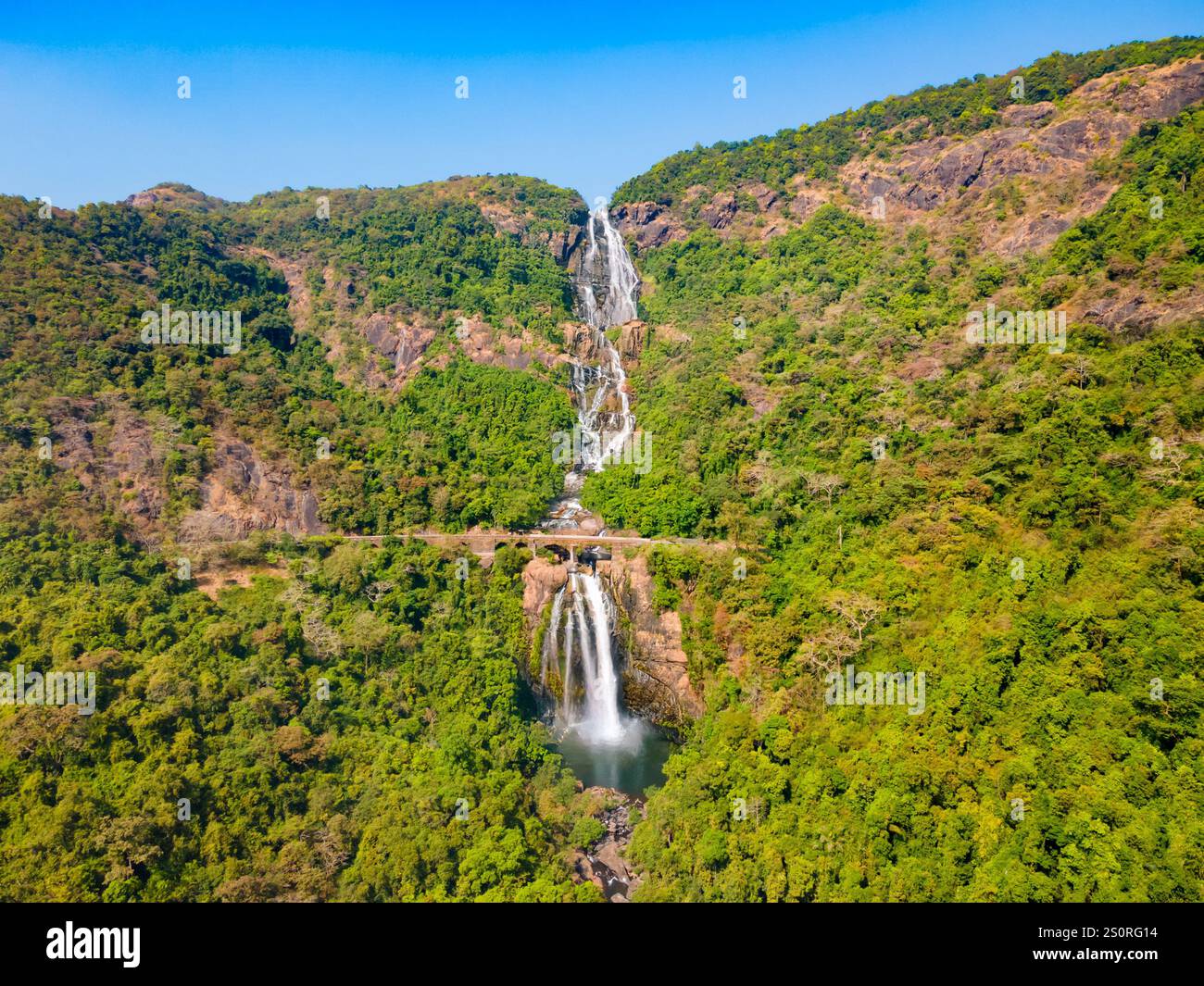 Dudhsagar Falls aerial panoramic view. Dudhsagar waterfall is a ...