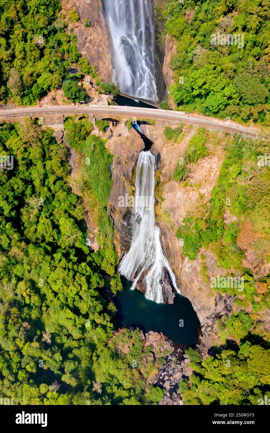 Dudhsagar Falls aerial panoramic view. Dudhsagar waterfall is a ...