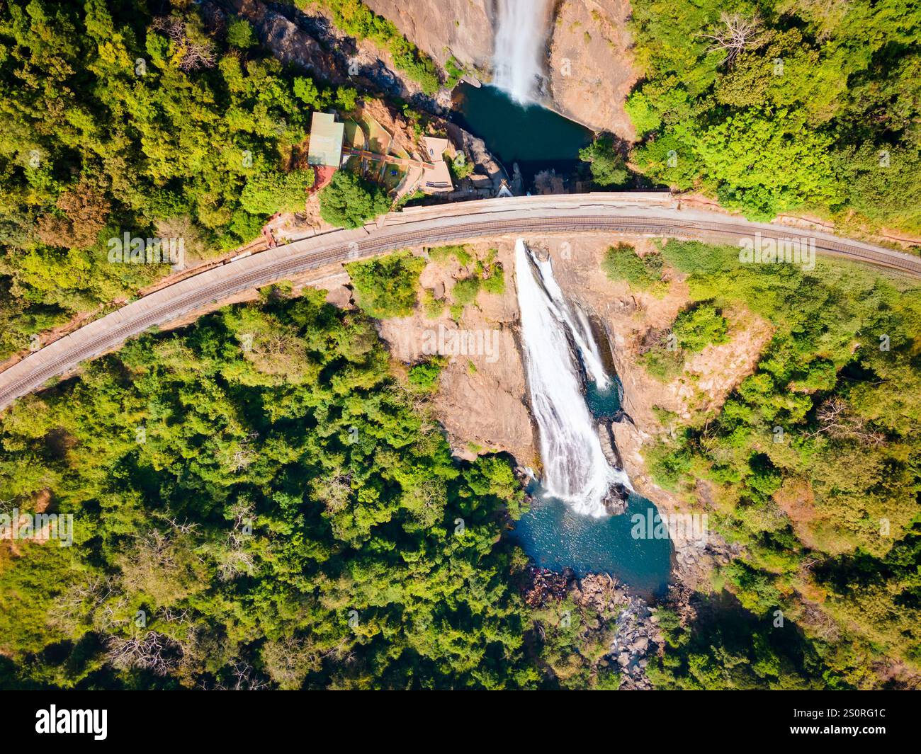 Dudhsagar Falls aerial panoramic view. Dudhsagar waterfall is a ...
