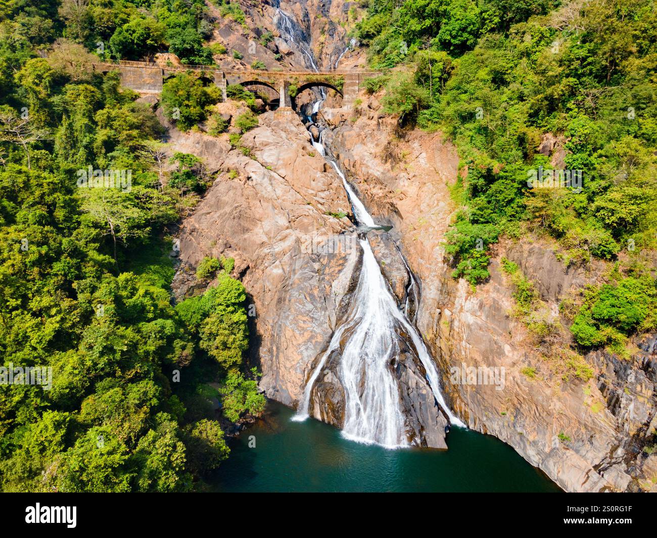 Dudhsagar Falls aerial panoramic view. Dudhsagar waterfall is a ...