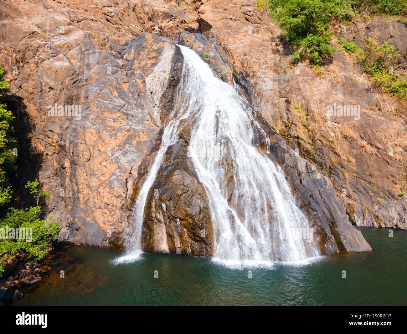Dudhsagar Falls aerial panoramic view. Dudhsagar waterfall is a ...