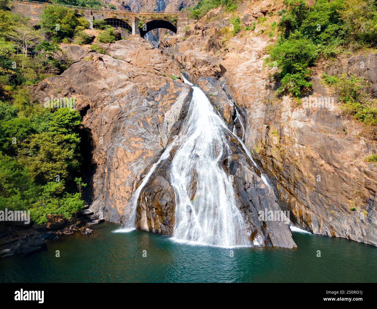 Dudhsagar Falls aerial panoramic view. Dudhsagar waterfall is a ...