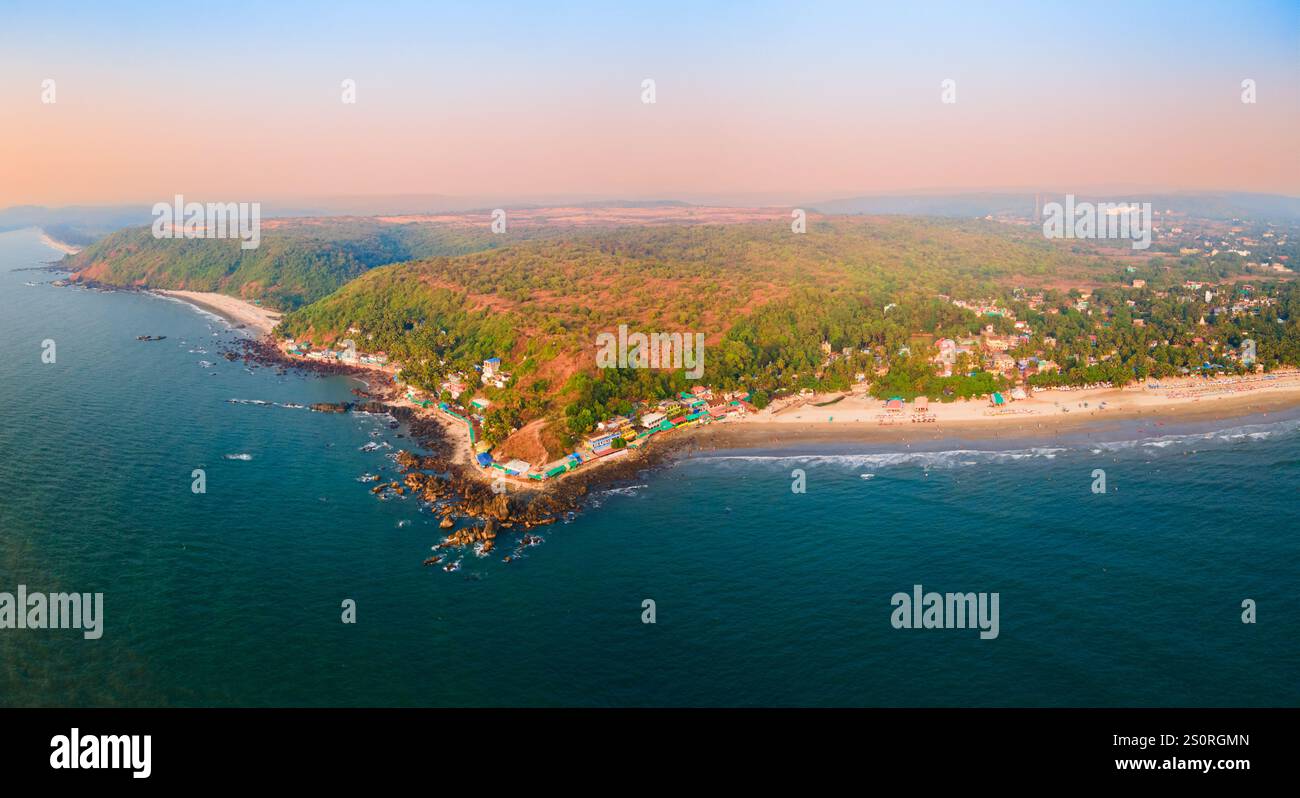 Arambol Beach aerial panoramic view at sunset. Arambol Beach is a ...