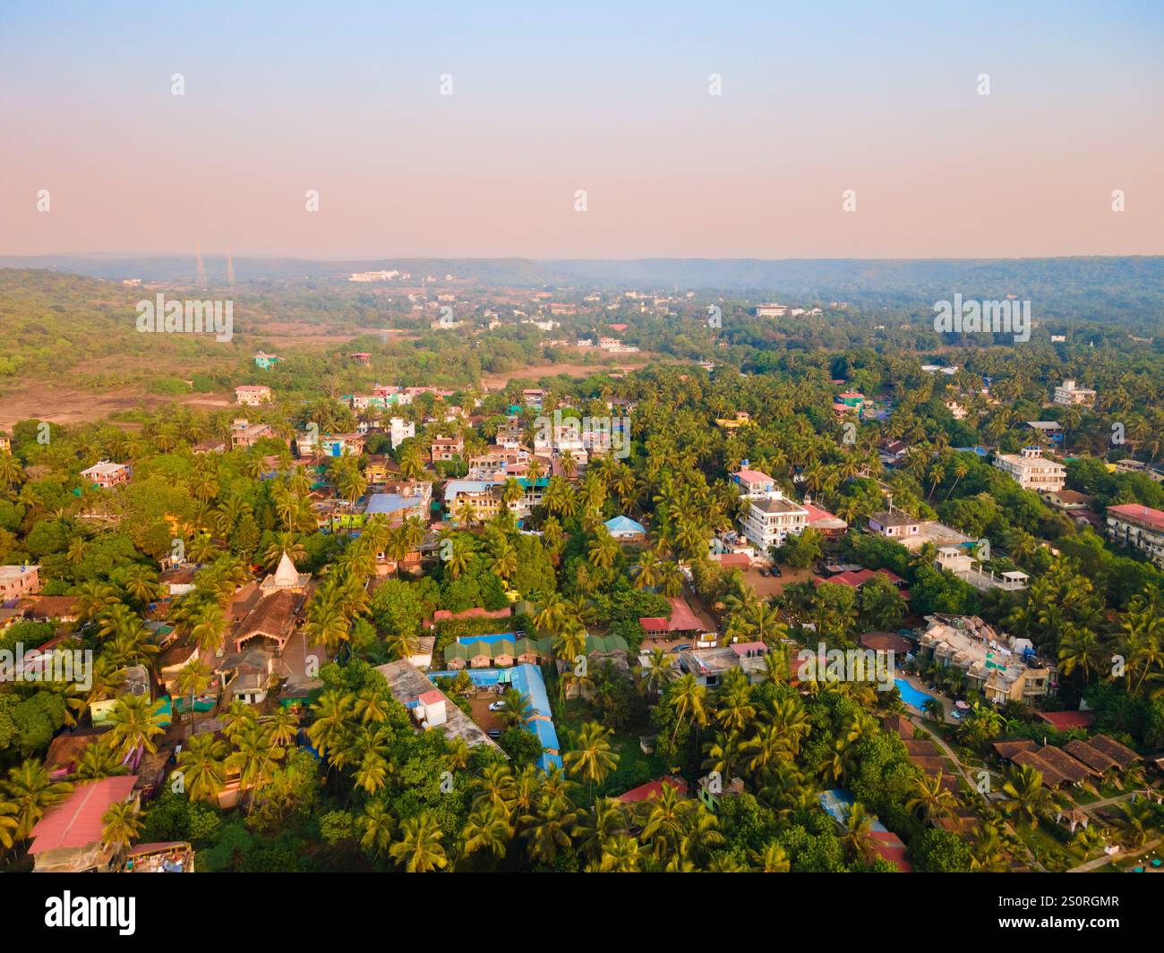 Arambol village aerial panoramic view at sunset. Arambol Beach is a ...