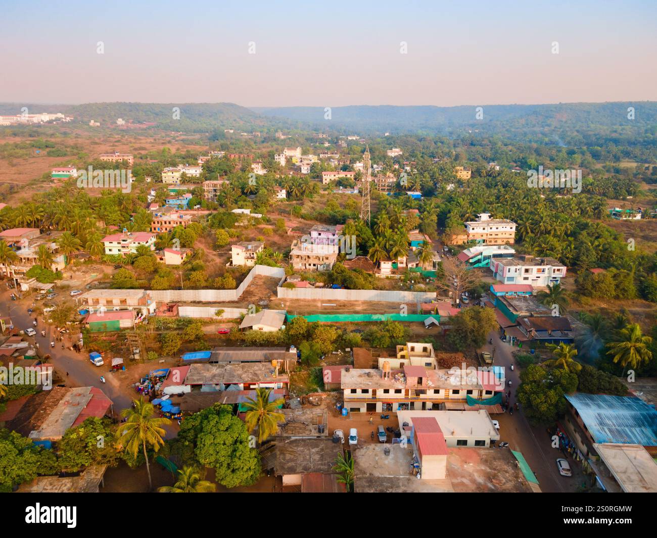 Arambol village aerial panoramic view at sunset. Arambol Beach is a ...