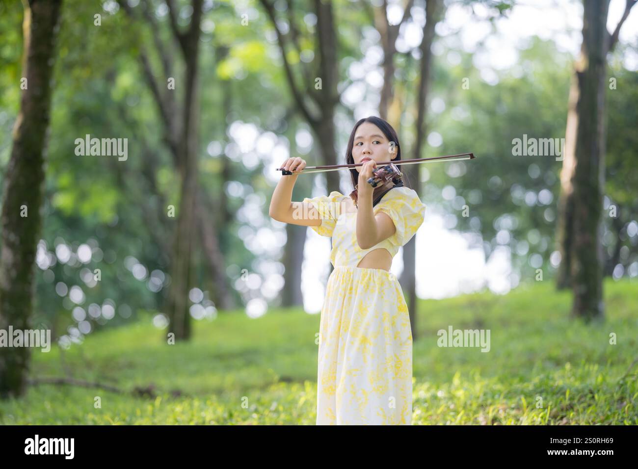 Twenty-something Chinese woman in yellow dress gracefully playing ...
