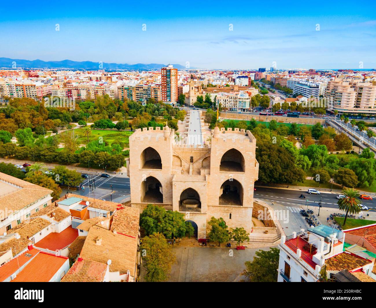 The Serrans Gate or Serranos Towers aerial panoramic view, it is a 14th ...