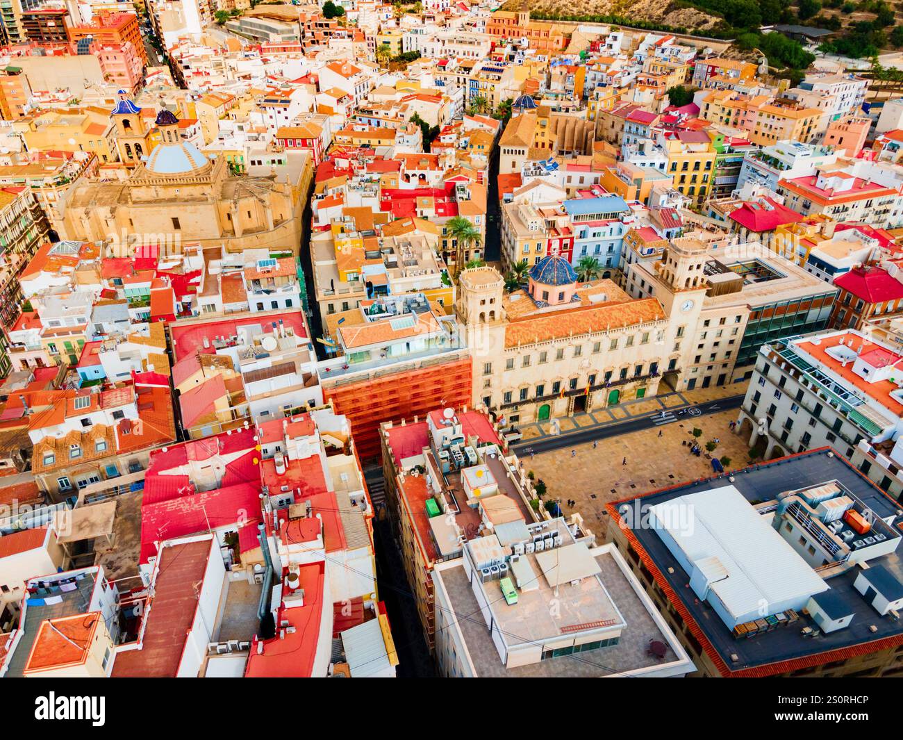 Town Hall and San Nicolas Cathedral aerial panoramic view, Alicante ...