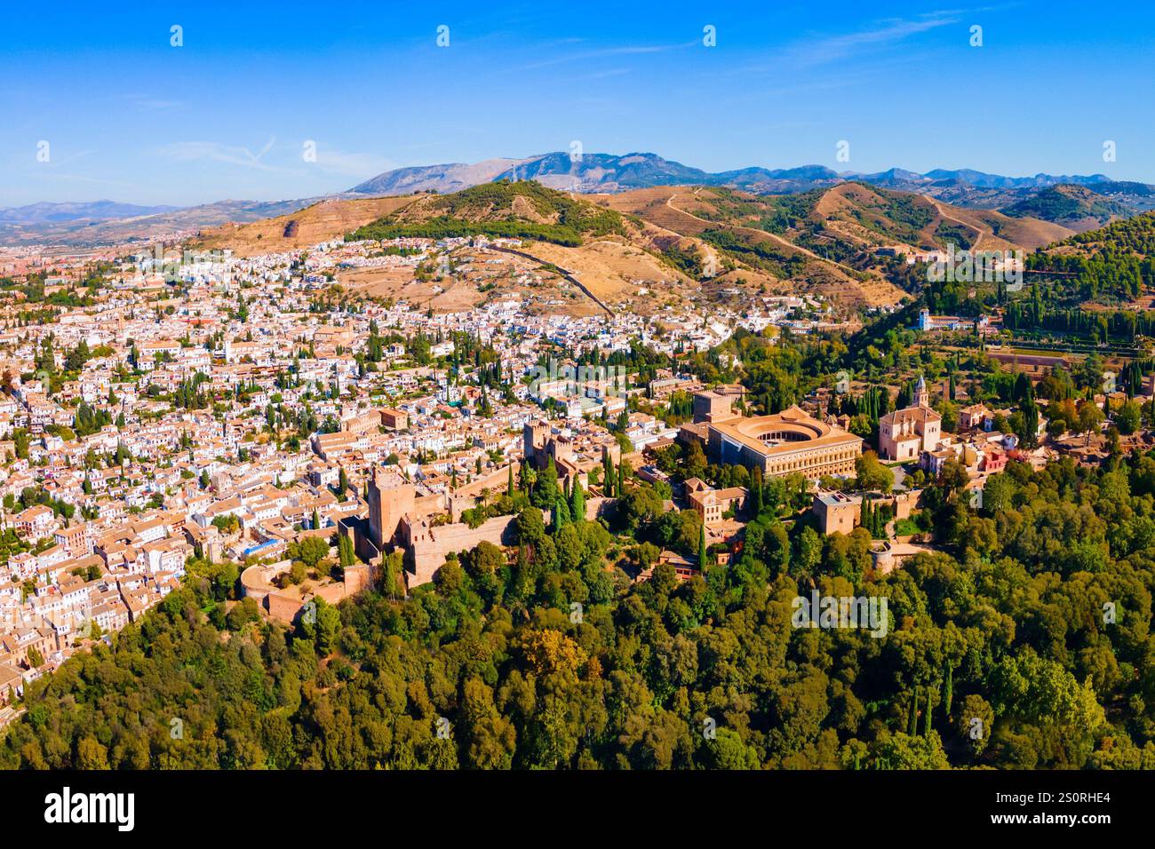 The Alhambra aerial panoramic view. The Alhambra is a fortress complex ...