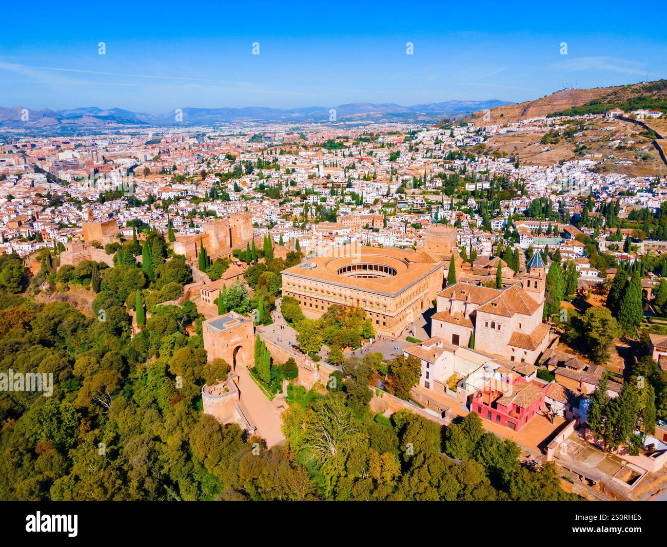 The Alhambra aerial panoramic view. The Alhambra is a fortress complex ...
