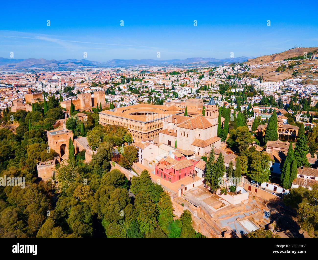 The Alhambra aerial panoramic view. The Alhambra is a fortress complex ...