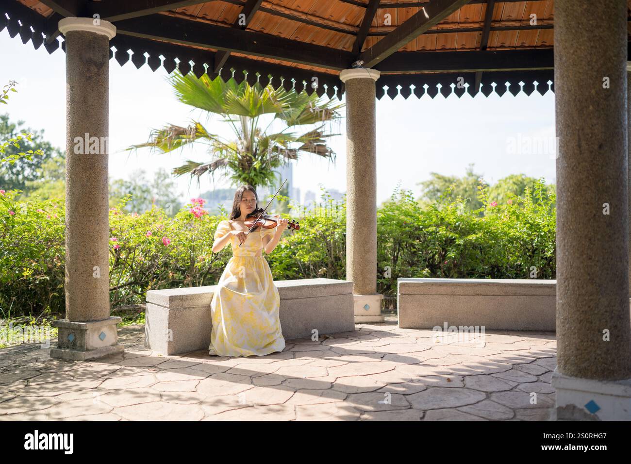 Twenty-something Chinese woman in yellow dress gracefully playing ...