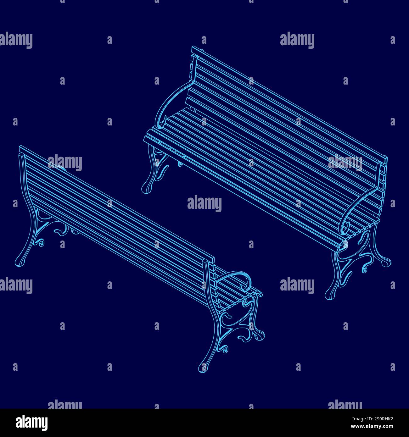 Two benches are shown in blue outline. The benches are identical in ...