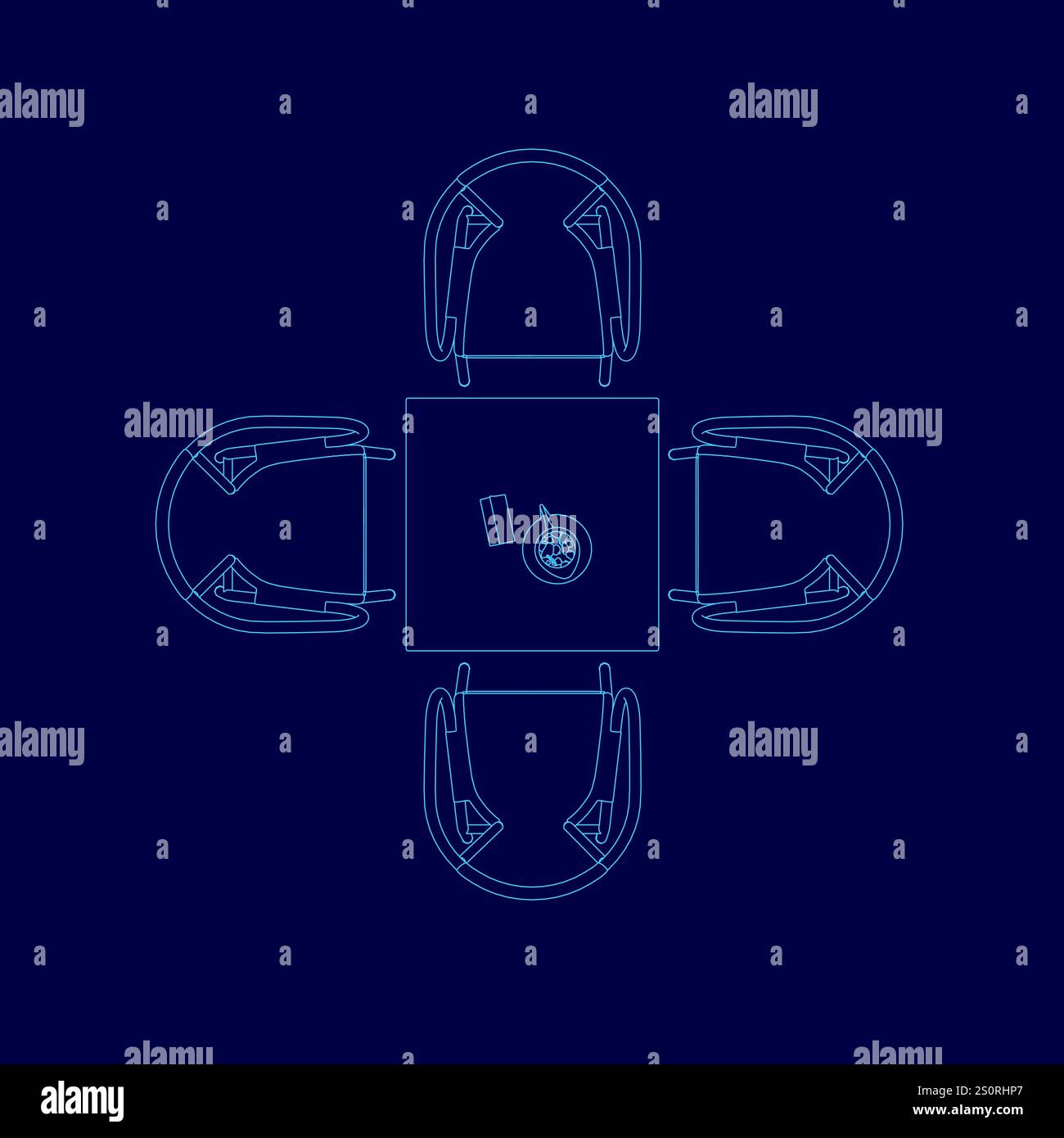 Blue drawing of a table with four chairs around it. The chairs are all ...