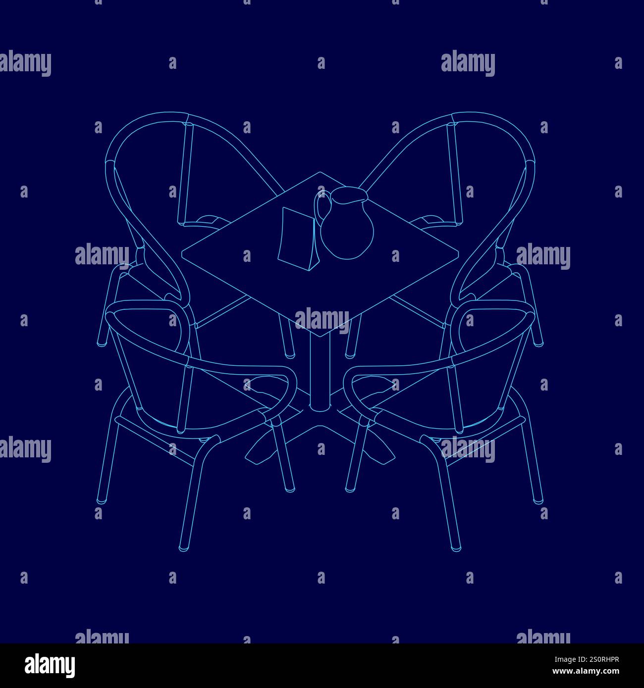 Blue drawing of a table with four chairs around it. The chairs are all ...