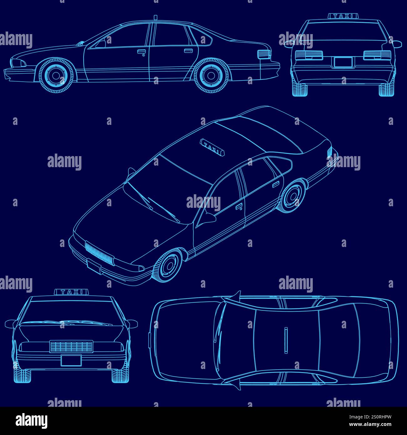 Blue drawing of a taxi cab. The taxi cab is shown from the front, back ...