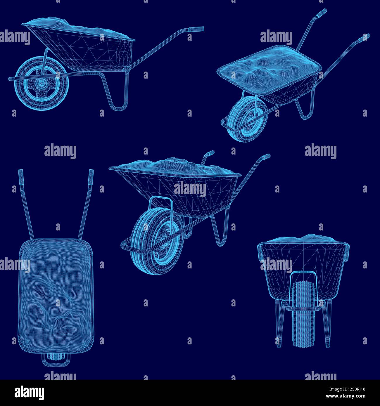 Blue image of a wheelbarrow with a blue background. The wheelbarrow is ...