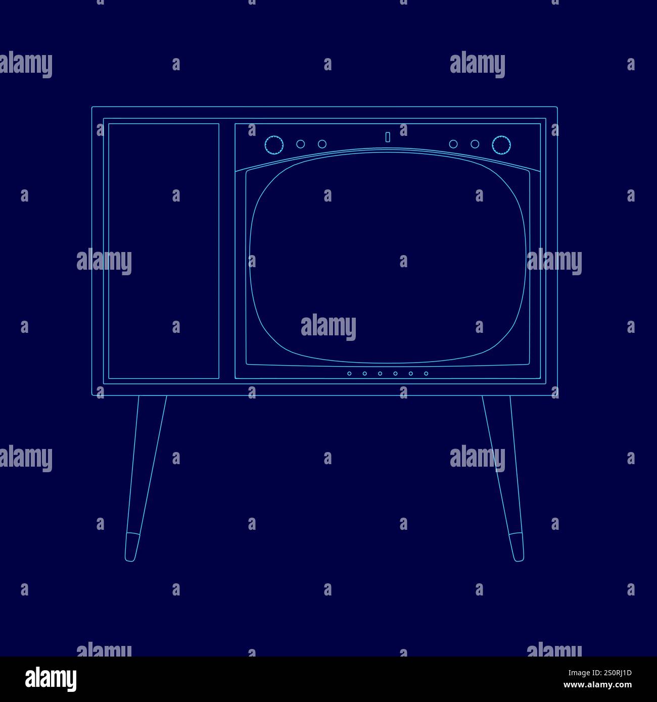 Blue drawing of a television set. The television is turned off. The ...