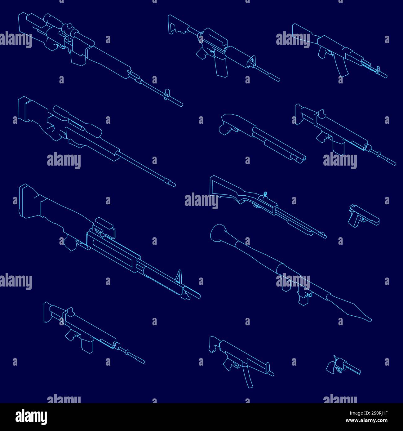 Series of guns are shown in blue outline. The guns are all different ...