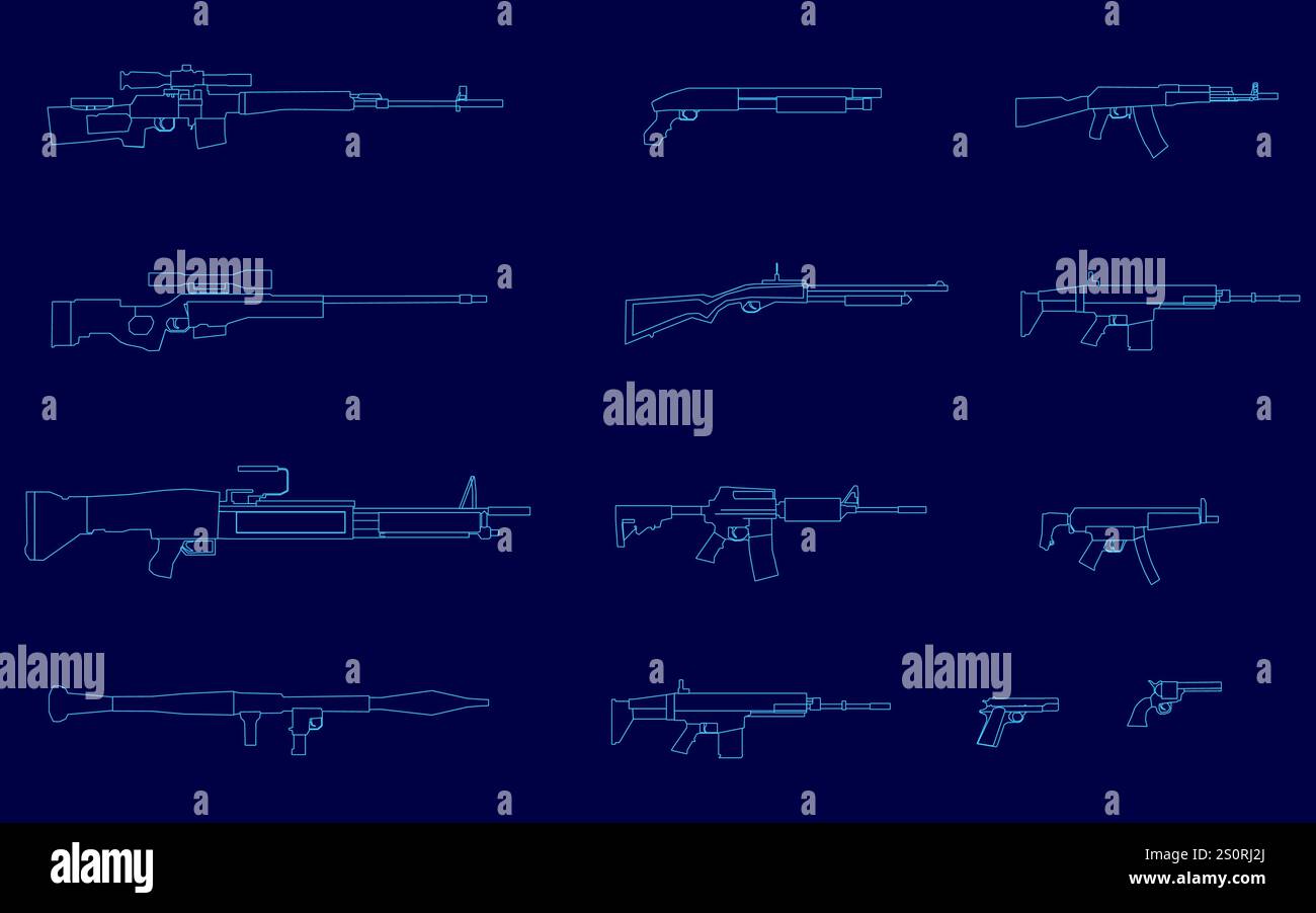 Series of blue images of guns. Side view. Vector illustration Stock ...