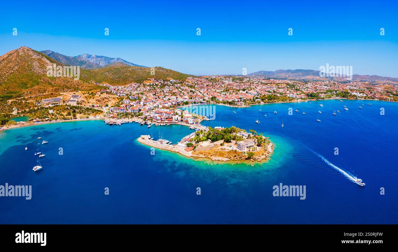 Datca city beach and marina aerial panoramic view. Datca is a resort ...