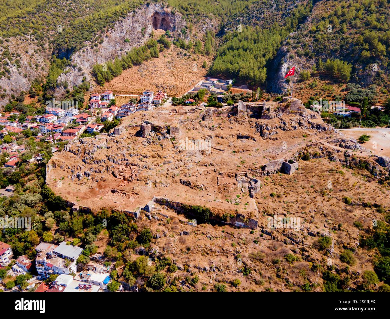 Fethiye Castle ruins aerial panoramic view. Fethiye is a city in Mugla ...