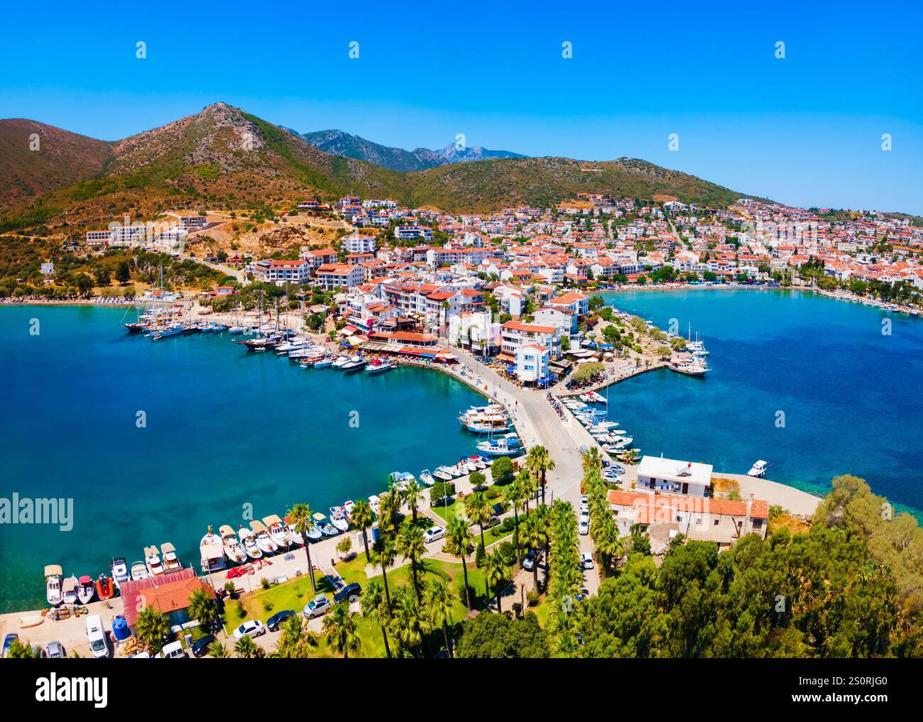 Datca city beach and marina aerial panoramic view. Datca is a resort ...