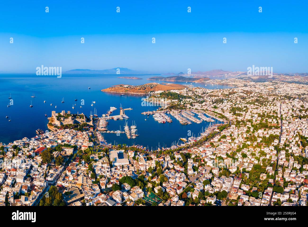 Bodrum city beach and marina aerial panoramic view. Bodrum is a city in ...