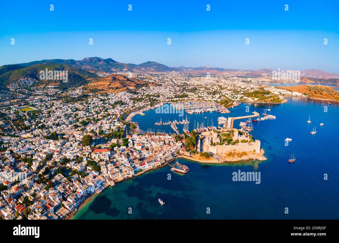 The Bodrum Castle of St. Peter and marina aerial panoramic view in ...