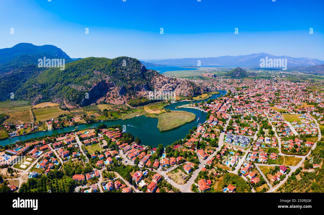 Boats at Dalyan river aerial panoramic view. Dalyan is a town in Mugla ...