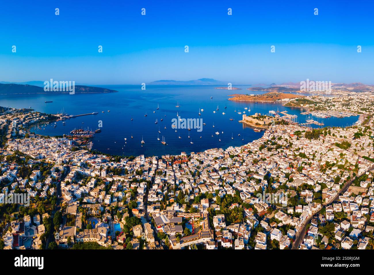 Bodrum city beach and marina aerial panoramic view. Bodrum is a city in ...
