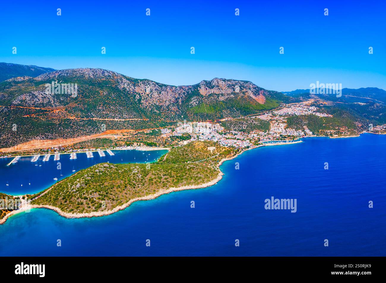 Kas city aerial panoramic view. Kas or Kash is a small seaside resort ...