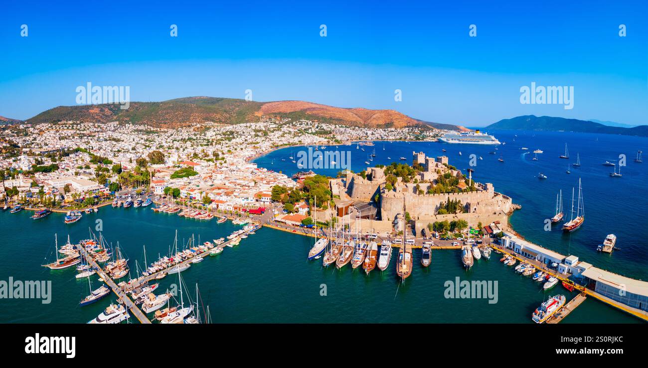 The Bodrum Castle of St. Peter and marina aerial panoramic view in ...